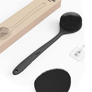 ManmiHealth Silicone Back Scrubber(Thick Bristles) & Soft Shower Brush Set, Super-Exfoliating Body Scrubber & Super-Lathering Bath Glove Combination, with a Free Hook(Black)