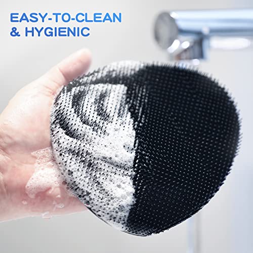 ManmiHealth Silicone Back Scrubber(Thick Bristles) & Soft Shower Brush Set, Super-Exfoliating Body Scrubber & Super-Lathering Bath Glove Combination, with a Free Hook(Black)