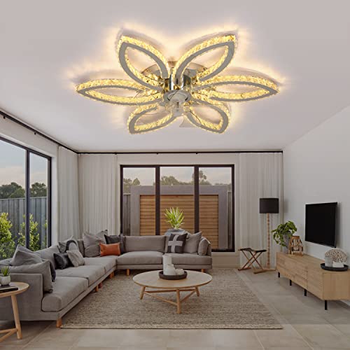 BOMIFANL Crystal Ceiling Fans with Lights,34" bladeless Ceiling Fan with Light,6-Speed Low Profile Ceiling Fan, Dimmable LED Fan Chandelier for Living Room Bedroom