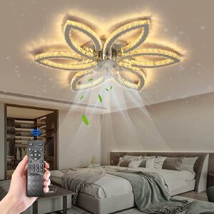 BOMIFANL Crystal Ceiling Fans with Lights,34" bladeless Ceiling Fan with Light,6-Speed Low Profile Ceiling Fan, Dimmable LED Fan Chandelier for Living Room Bedroom