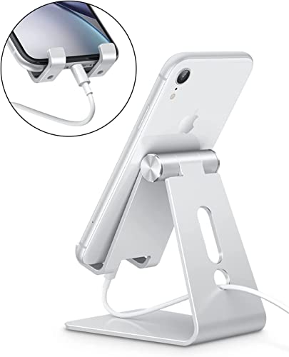 OMOTON Adjustable Cell Phone Stand, C2 Aluminum Desktop Phone Dock Holder Compatible with iPhone 11 Pro, SE, XR, 8 Plus 7 6, Samsung Galaxy, Google Pixel and More, Silver