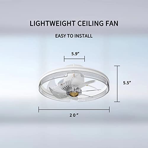 Ceiling Fans with Lights,20"White Modern Bladeless Ceiling Fans with Remote Control,Low Profile 3-Color Smart Ceiling Fan,Flush Mount Ceiling Fan 6-Wind Speed for Indoor/Kids Room/Bedroom/Living Room