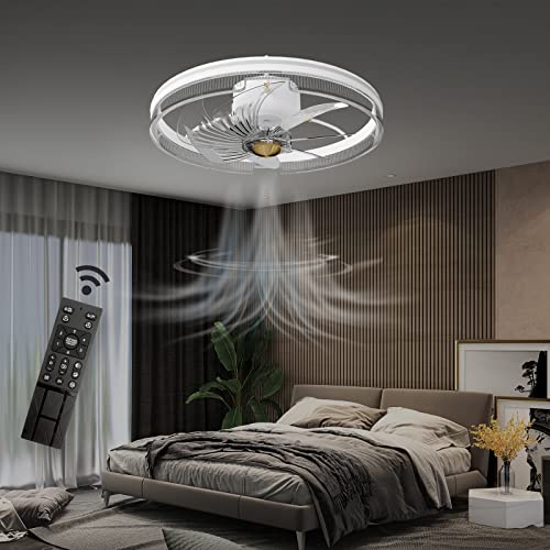 Ceiling Fans with Lights,20"White Modern Bladeless Ceiling Fans with Remote Control,Low Profile 3-Color Smart Ceiling Fan,Flush Mount Ceiling Fan 6-Wind Speed for Indoor/Kids Room/Bedroom/Living Room