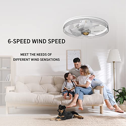 Ceiling Fans with Lights,20"White Modern Bladeless Ceiling Fans with Remote Control,Low Profile 3-Color Smart Ceiling Fan,Flush Mount Ceiling Fan 6-Wind Speed for Indoor/Kids Room/Bedroom/Living Room