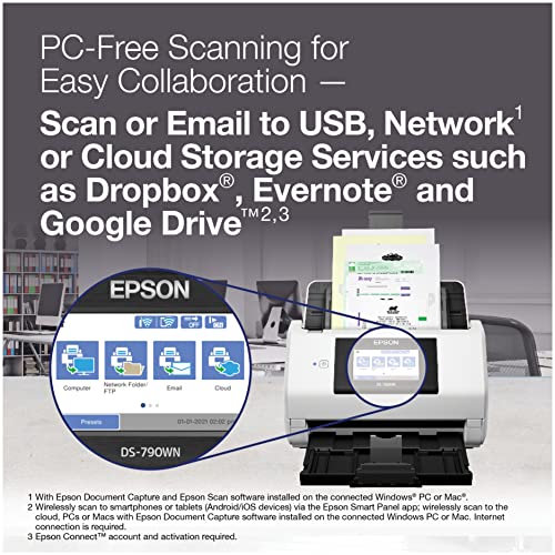 Epson DS-790WN Wireless Network Color Document Scanner for PC and Mac, with Duplex Scanning, PC-Free Scanning, 100-page Auto Document Feeder (ADF) and 4.3" Color LCD Touchscreen