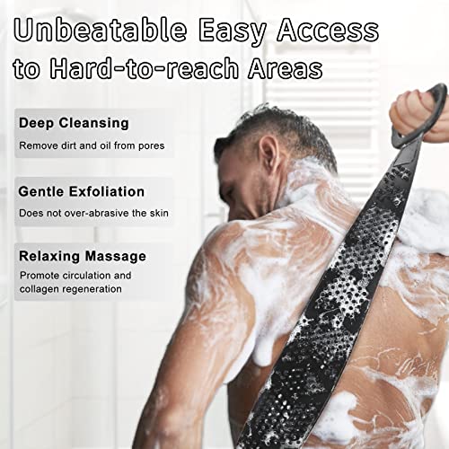 FREATECH Exfoliating Silicone Back Scrubber - 38" Dual-sided Shower Back Washer for Deep Cleansing and Massage, Cover the Entire Back, Smooth & Rejuvenate Skin, Easy to Clean and Long-lasting, Black