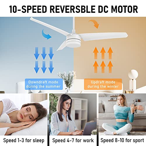 52" Outdoor White Ceiling Fan with Light, 10 Speeds Low Profile Bedroom Ceiling Fan with Quite Motor, Smart Modern LED Ceiling Fan Worked with Google Home, Alexa, Siri Shortcuts, APP and Remote