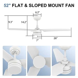 52" Outdoor White Ceiling Fan with Light, 10 Speeds Low Profile Bedroom Ceiling Fan with Quite Motor, Smart Modern LED Ceiling Fan Worked with Google Home, Alexa, Siri Shortcuts, APP and Remote