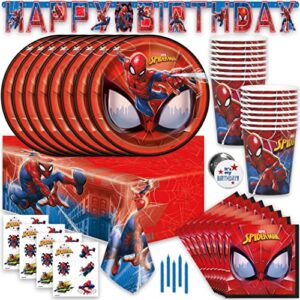 spiderman birthday party supplies and decorations, spiderman party supplies, serves 16 guests, includes tableware and decor with table cover, banner, plates, napkins & more, officially licensed