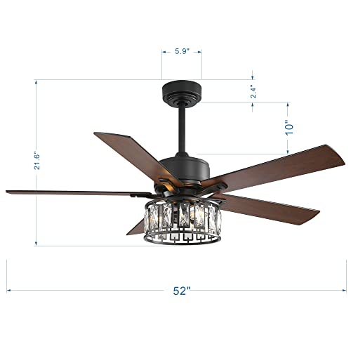 Breezary 52 Inch Ceiling Fans with Light Remote Control 5 Reversible Blade Chandelier Low Profile Ceiling Fans for Bedroom Home Office (Black)