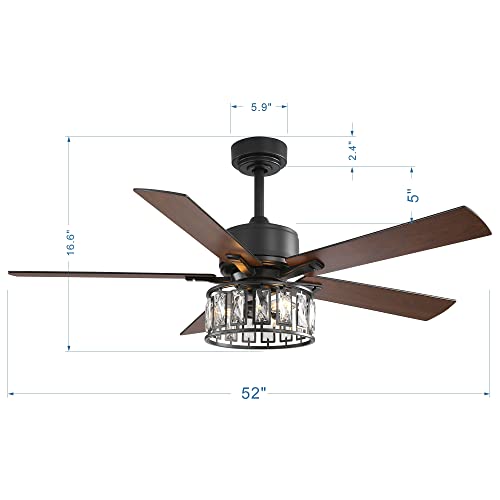 Breezary 52 Inch Ceiling Fans with Light Remote Control 5 Reversible Blade Chandelier Low Profile Ceiling Fans for Bedroom Home Office (Black)