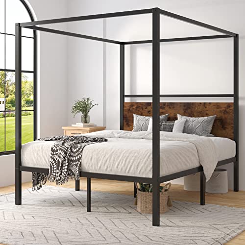 ikalido Queen Size Metal Canopy Bed Frame with Wooden Headboard, Classic Design Canopy Bed with 4 Sturdy Posters, Noise Free/No Box Spring Needed/Rustic Brown