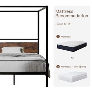 ikalido Queen Size Metal Canopy Bed Frame with Wooden Headboard, Classic Design Canopy Bed with 4 Sturdy Posters, Noise Free/No Box Spring Needed/Rustic Brown