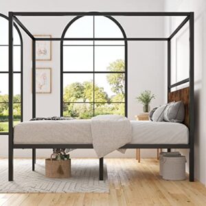 ikalido Queen Size Metal Canopy Bed Frame with Wooden Headboard, Classic Design Canopy Bed with 4 Sturdy Posters, Noise Free/No Box Spring Needed/Rustic Brown