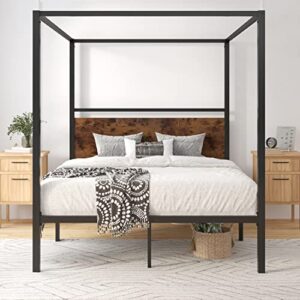 ikalido Queen Size Metal Canopy Bed Frame with Wooden Headboard, Classic Design Canopy Bed with 4 Sturdy Posters, Noise Free/No Box Spring Needed/Rustic Brown