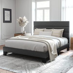 allewie queen size platform bed frame with fabric upholstered headboard and wooden slats support, fully upholstered mattress foundation/no box spring needed/easy assembly, dark grey