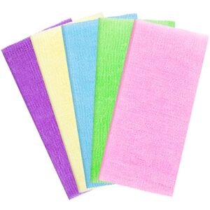 5 piece 35 inches exfoliating bath towels, korean body back scrubber shower towel japanese bath scrub cloth beauty skin bath towel, nylon shower towel body scrubber loofah for men and women