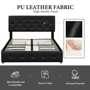 Yaheetech Queen Size Upholstered Bed Frame with 4 Drawers and Adjustable Headboard, Faux Leather Platform Bed with Mattress Foundation Strong Wooden Slats Support, No Box Spring Needed, Black