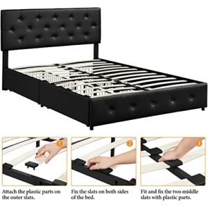 Yaheetech Queen Size Upholstered Bed Frame with 4 Drawers and Adjustable Headboard, Faux Leather Platform Bed with Mattress Foundation Strong Wooden Slats Support, No Box Spring Needed, Black