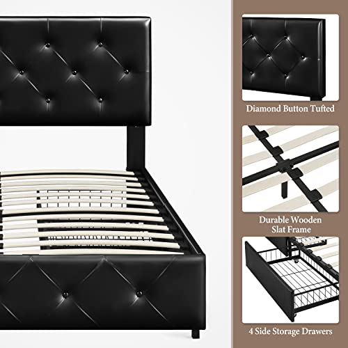 Yaheetech Queen Size Upholstered Bed Frame with 4 Drawers and Adjustable Headboard, Faux Leather Platform Bed with Mattress Foundation Strong Wooden Slats Support, No Box Spring Needed, Black