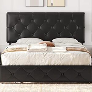 Yaheetech Queen Size Upholstered Bed Frame with 4 Drawers and Adjustable Headboard, Faux Leather Platform Bed with Mattress Foundation Strong Wooden Slats Support, No Box Spring Needed, Black