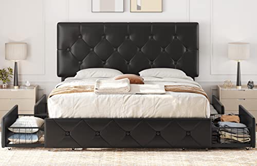 Yaheetech Queen Size Upholstered Bed Frame with 4 Drawers and Adjustable Headboard, Faux Leather Platform Bed with Mattress Foundation Strong Wooden Slats Support, No Box Spring Needed, Black