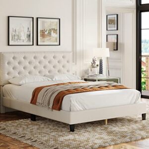 HOSTACK Queen Size Bed Frame, Modern Upholstered Platform Bed with Adjustable Headboard, Heavy Duty Button Tufted Bed Frame with Wood Slat Support, Easy Assembly, No Box Spring Needed (Beige, Queen)