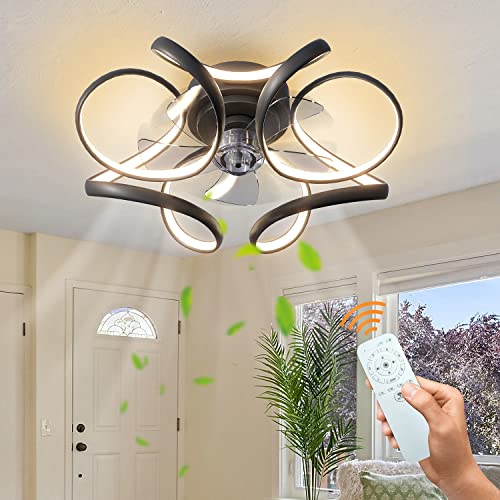 AHIAOIWRA Ceiling Fans with Lights, Modern Flush Mount Low Profile, Dimmable and Bladeless Ceiling Fans with Remote Control, 3 Light Color and 6 Speeds for Living Room, Bedroom, Kitchen, Black