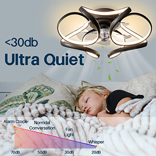 AHIAOIWRA Ceiling Fans with Lights, Modern Flush Mount Low Profile, Dimmable and Bladeless Ceiling Fans with Remote Control, 3 Light Color and 6 Speeds for Living Room, Bedroom, Kitchen, Black