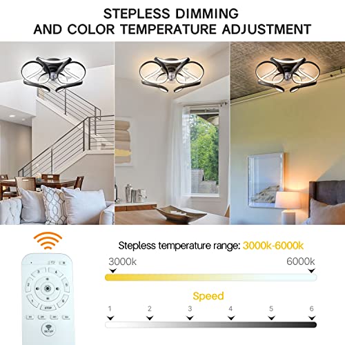 AHIAOIWRA Ceiling Fans with Lights, Modern Flush Mount Low Profile, Dimmable and Bladeless Ceiling Fans with Remote Control, 3 Light Color and 6 Speeds for Living Room, Bedroom, Kitchen, Black