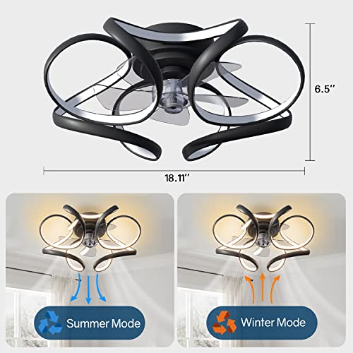 AHIAOIWRA Ceiling Fans with Lights, Modern Flush Mount Low Profile, Dimmable and Bladeless Ceiling Fans with Remote Control, 3 Light Color and 6 Speeds for Living Room, Bedroom, Kitchen, Black