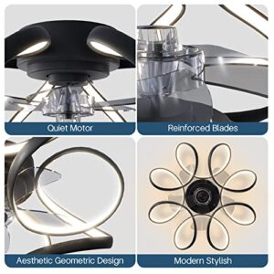 AHIAOIWRA Ceiling Fans with Lights, Modern Flush Mount Low Profile, Dimmable and Bladeless Ceiling Fans with Remote Control, 3 Light Color and 6 Speeds for Living Room, Bedroom, Kitchen, Black