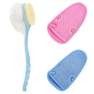 3pcs shower body brush set, fhdusryo shower brush with bristles and loofah, back scrubber bath mesh sponge with long handle, body brush with 2 bath glove for skin exfoliating massage, men women