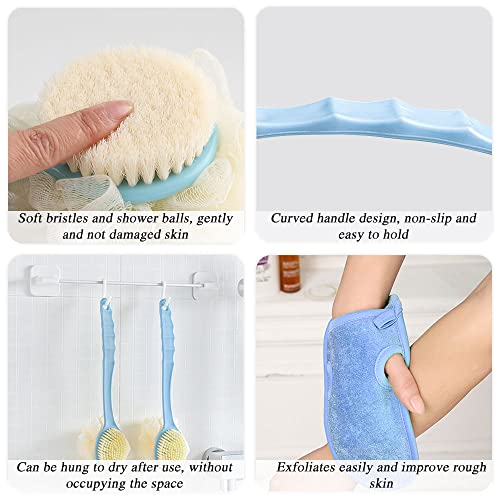 3Pcs Shower Body Brush Set, FHDUSRYO Shower Brush with Bristles and Loofah, Back Scrubber Bath Mesh Sponge with Long Handle, Body Brush with 2 Bath Glove for Skin Exfoliating Massage, Men Women