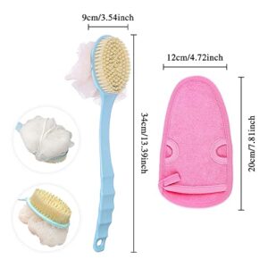 3Pcs Shower Body Brush Set, FHDUSRYO Shower Brush with Bristles and Loofah, Back Scrubber Bath Mesh Sponge with Long Handle, Body Brush with 2 Bath Glove for Skin Exfoliating Massage, Men Women