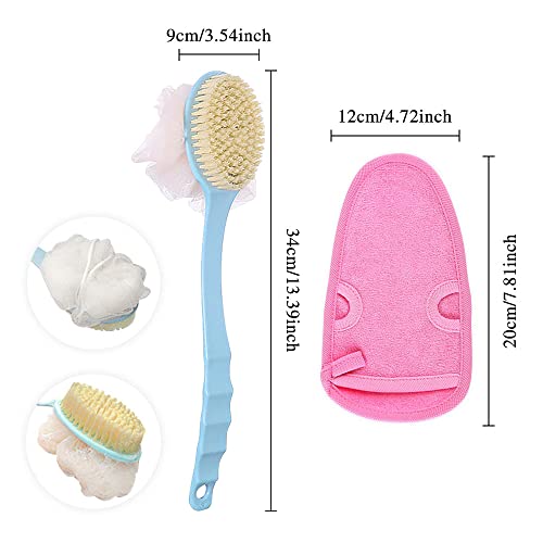 3Pcs Shower Body Brush Set, FHDUSRYO Shower Brush with Bristles and Loofah, Back Scrubber Bath Mesh Sponge with Long Handle, Body Brush with 2 Bath Glove for Skin Exfoliating Massage, Men Women