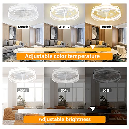 YeetFerret Flush Mount Ceiling Fan with Lights 20 Inch Bladeless Low Profile Ceiling Fan with Bluetooth Speaker Remote APP Control 3 Colors 6 Speeds Reversible (White)