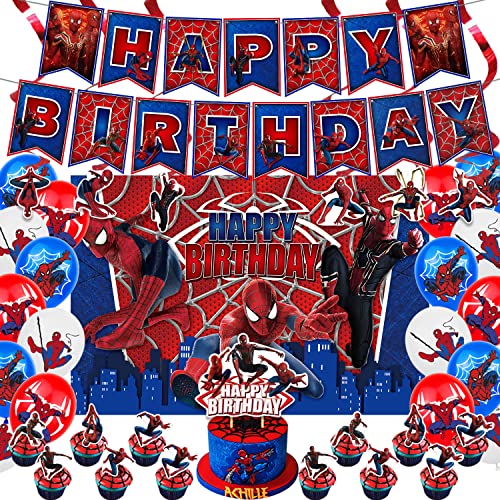 Spider Birthday Decorations Spider Theme Party Supplies for Kids Boys Include Happy Birthday Banner, Cake Topper, Backdrop, 6 Hanging Swirls, 18 Latex Balloons, 24 Cupcake Toppers