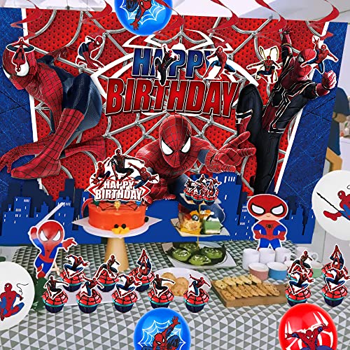 Spider Birthday Decorations Spider Theme Party Supplies for Kids Boys Include Happy Birthday Banner, Cake Topper, Backdrop, 6 Hanging Swirls, 18 Latex Balloons, 24 Cupcake Toppers