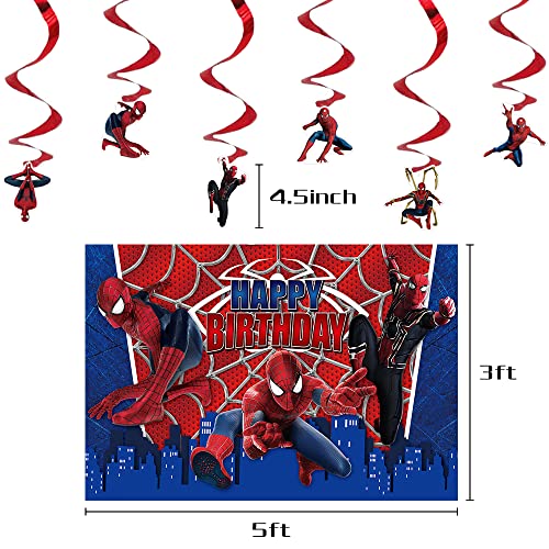 Spider Birthday Decorations Spider Theme Party Supplies for Kids Boys Include Happy Birthday Banner, Cake Topper, Backdrop, 6 Hanging Swirls, 18 Latex Balloons, 24 Cupcake Toppers