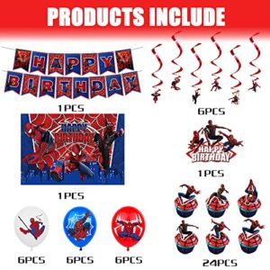 Spider Birthday Decorations Spider Theme Party Supplies for Kids Boys Include Happy Birthday Banner, Cake Topper, Backdrop, 6 Hanging Swirls, 18 Latex Balloons, 24 Cupcake Toppers