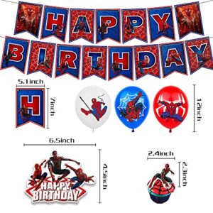 Spider Birthday Decorations Spider Theme Party Supplies for Kids Boys Include Happy Birthday Banner, Cake Topper, Backdrop, 6 Hanging Swirls, 18 Latex Balloons, 24 Cupcake Toppers