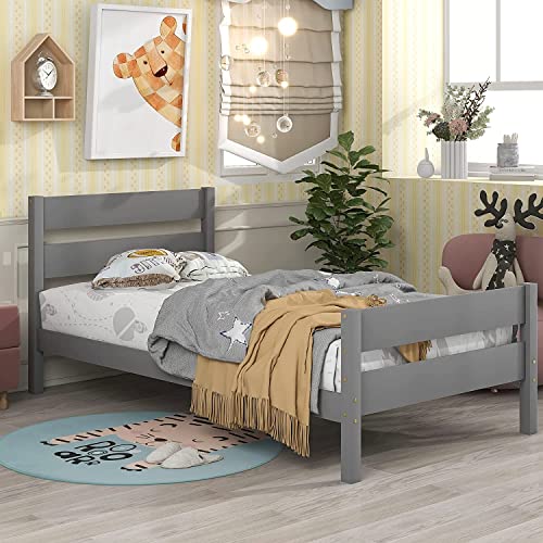 Pvillez Twin Bed Frames, Wood Twin Bed Frame with Headboard and Footboard Kids Bed Frame,Twin Wooden Bedframes Platform with Storage for Girls Boy No Box Spring Needed (Gray)