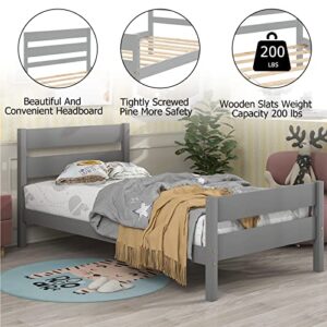 Pvillez Twin Bed Frames, Wood Twin Bed Frame with Headboard and Footboard Kids Bed Frame,Twin Wooden Bedframes Platform with Storage for Girls Boy No Box Spring Needed (Gray)