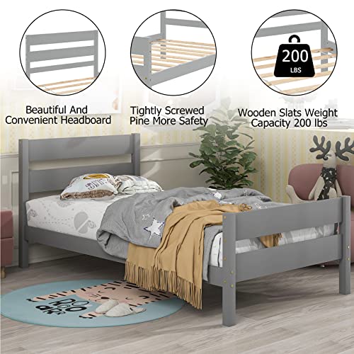 Pvillez Twin Bed Frames, Wood Twin Bed Frame with Headboard and Footboard Kids Bed Frame,Twin Wooden Bedframes Platform with Storage for Girls Boy No Box Spring Needed (Gray)