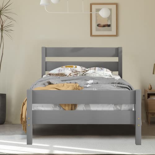 Pvillez Twin Bed Frames, Wood Twin Bed Frame with Headboard and Footboard Kids Bed Frame,Twin Wooden Bedframes Platform with Storage for Girls Boy No Box Spring Needed (Gray)