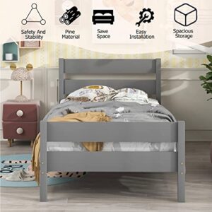 Pvillez Twin Bed Frames, Wood Twin Bed Frame with Headboard and Footboard Kids Bed Frame,Twin Wooden Bedframes Platform with Storage for Girls Boy No Box Spring Needed (Gray)