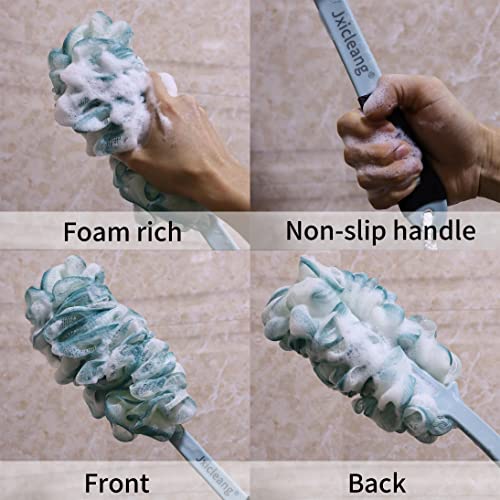 Jxicleang Back Scrubber for Shower, Soft Nylon Mesh Exfoliating Back Scrub Bath Brush, Long Handle Back Loofah for Men Women, Back Cleaner Washer Bath Sponge for Elderly (White Blue)