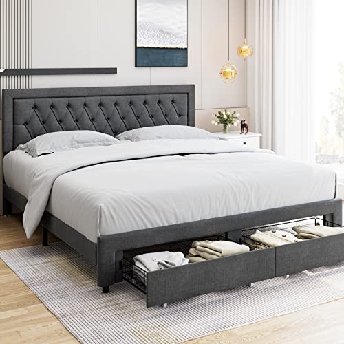 Full Bed Frame with 2 Storage Drawers, Fabric Upholstered Platform Bed Frame with Deep-set Pattern Button Tufted Headboard, Sturdy Wood Slats Support Mattress Foundation, No Box Spring Needed, Grey