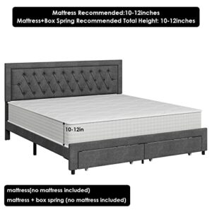 Full Bed Frame with 2 Storage Drawers, Fabric Upholstered Platform Bed Frame with Deep-set Pattern Button Tufted Headboard, Sturdy Wood Slats Support Mattress Foundation, No Box Spring Needed, Grey